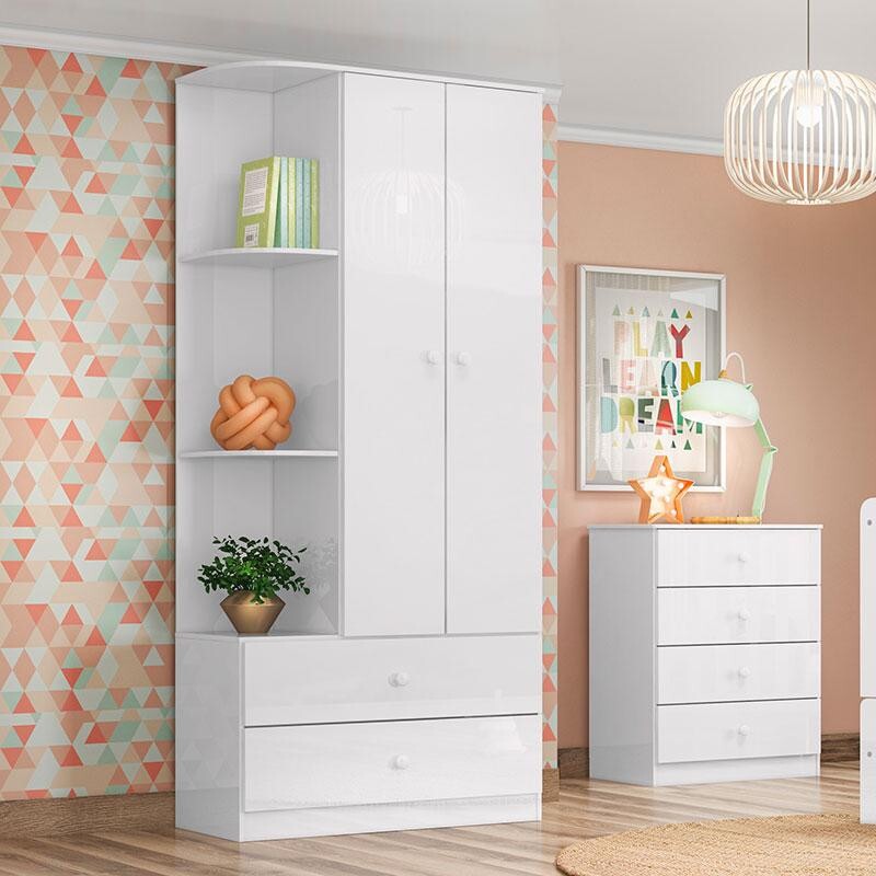Cômoda e Guarda Roupa Infantil Labirinto Branco Brilho - Henn