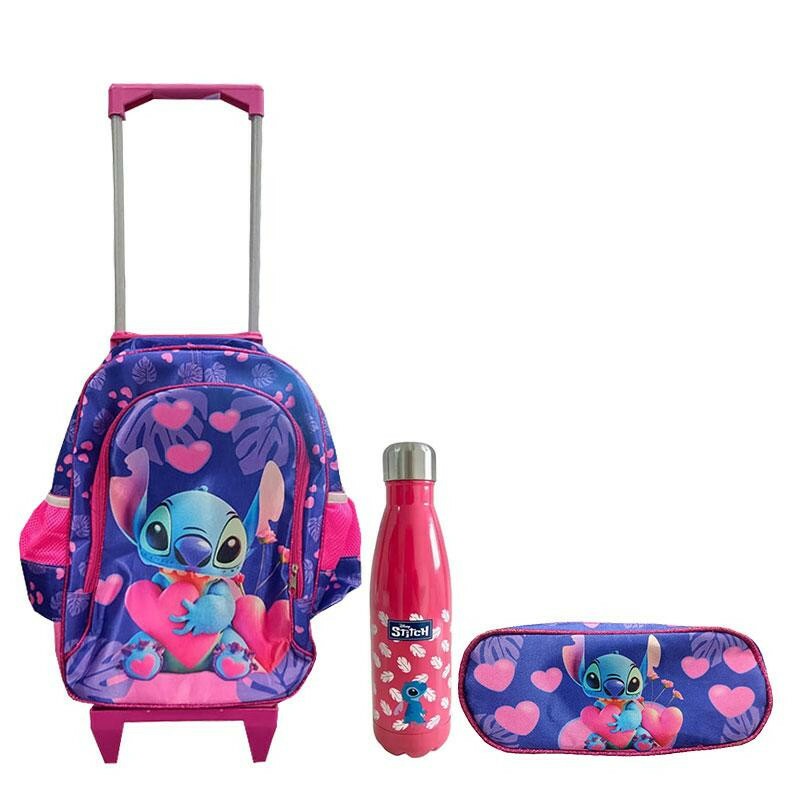 Kit Escolar Infantil 3 Peças Stitch Roxo com Rodinhas - GV Bolsas