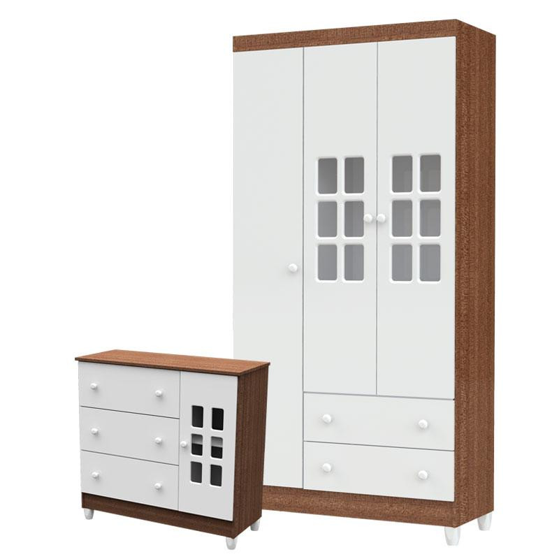 Cômoda Infantil e Guarda Roupa 3 Portas Mariah Branco Acetinado ...