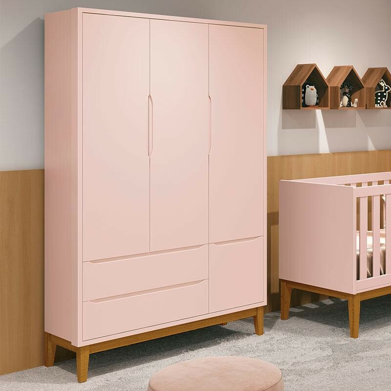Guarda Roupa Infantil New Classic 3 Portas Rosa com Pés Madeira – Reller.